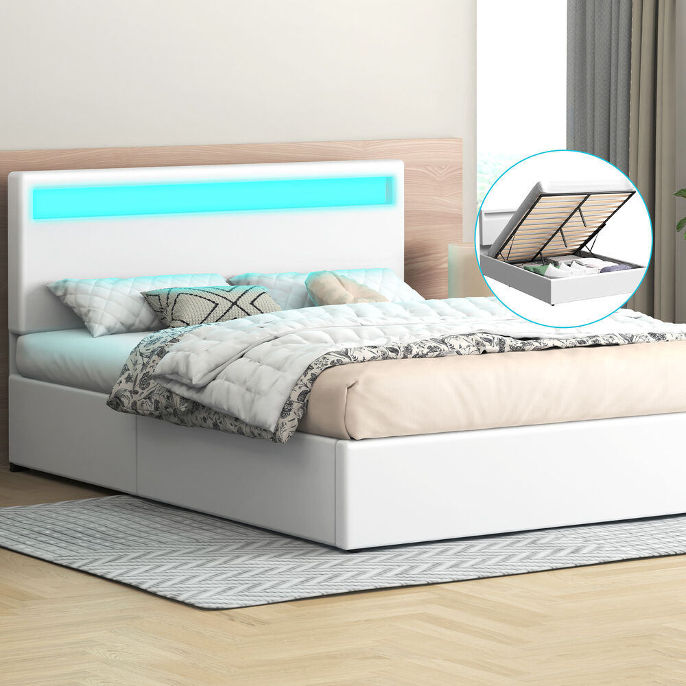 ALFORDSON Bed Frame Double Size RGB LED Gas Lift Storage Base White LU ...